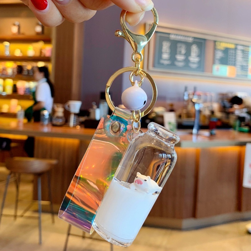 Floating pig milk bottles bubble keychains